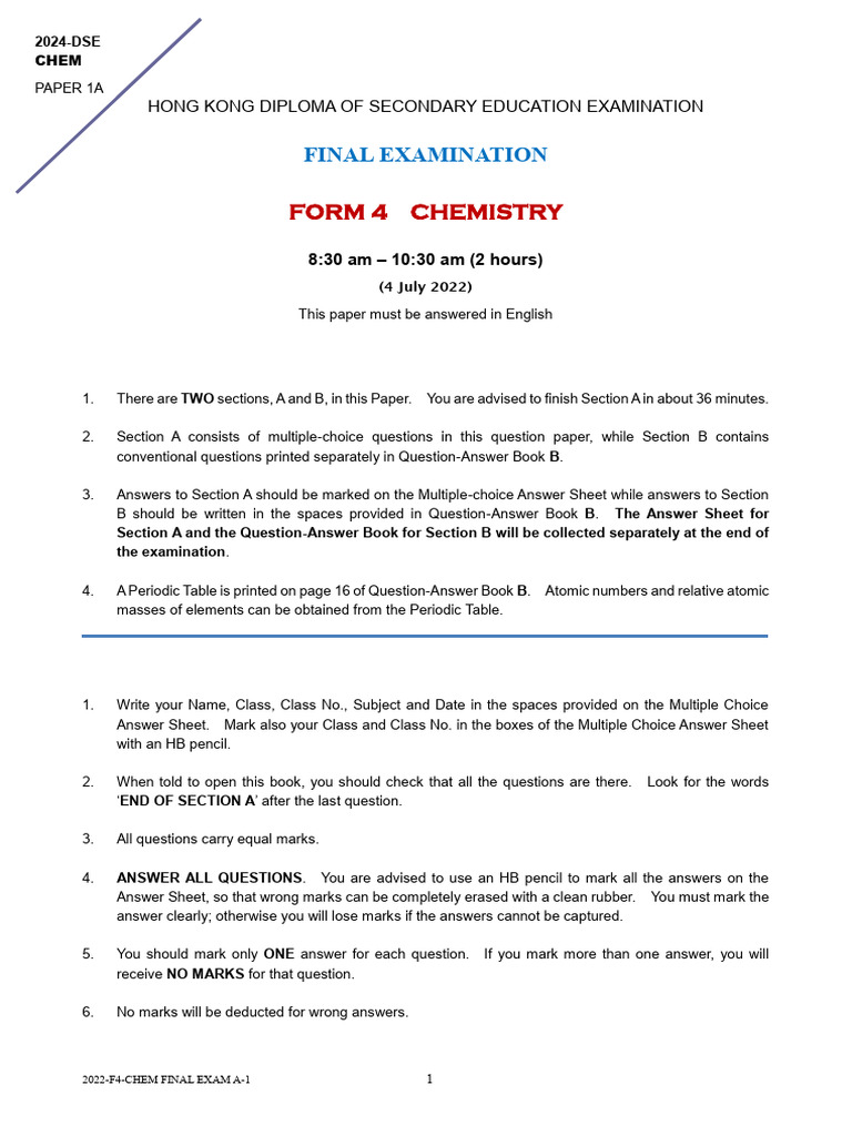 2022 HKDSE Form 4 Chemistry Exam | PDF | Electrode | Anode