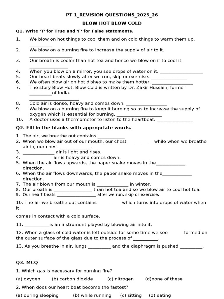 Worksheet Blow Hot Blow Cold | PDF | Atmosphere Of Earth | Breathing