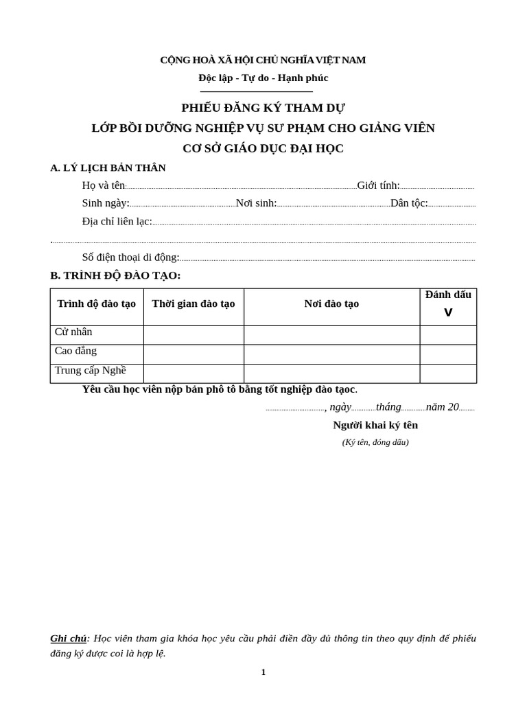 Phiếu Đăng Ký Học NVSP 2025 | PDF
