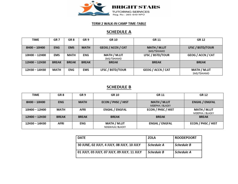 Term 2 Walk-In Camp Timetable - 103640 | PDF