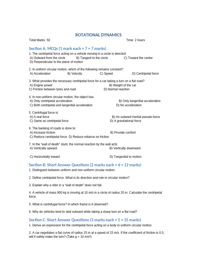Rotational Dynamics One Page Question Paper | PDF | Acceleration | Force