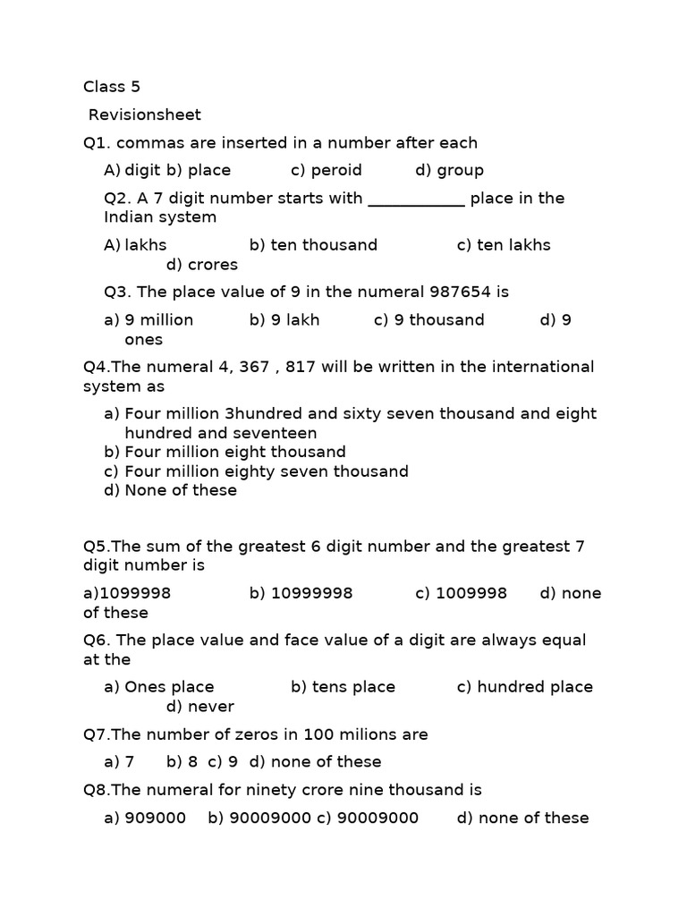 Class 5 REVISION SHEET 25 JULY-1 | PDF | Numbers | Mathematical Notation