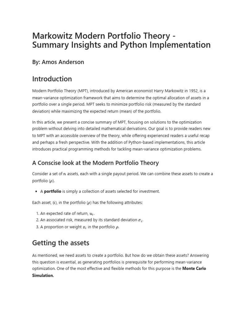 Markowitz Modern Portfolio Theory With Python 1737009407 | PDF | Modern Portfolio Theory | Variance
