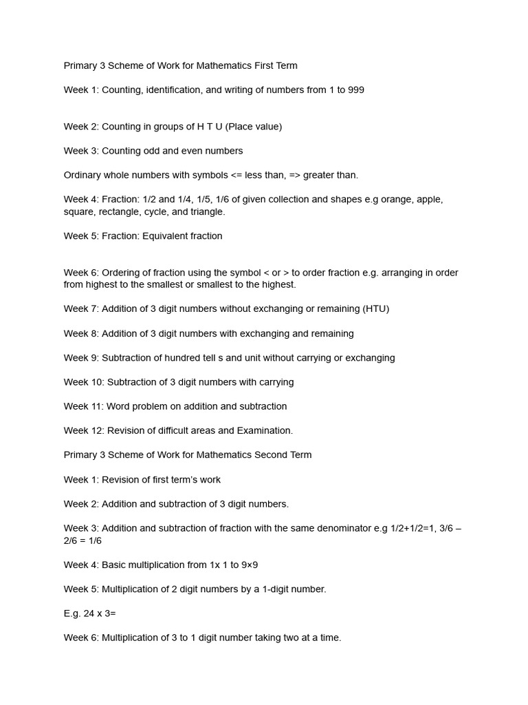 Primary 3 Mathematics First Term Plan | PDF | Multiplication | Area
