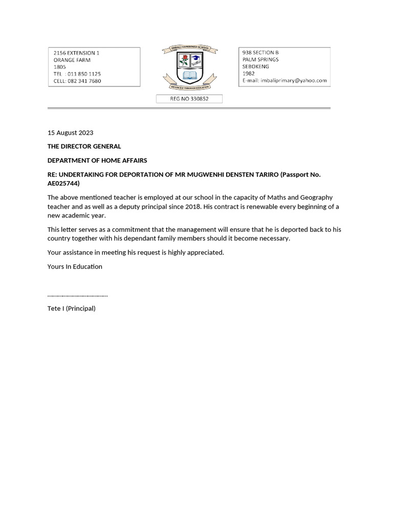 Deportation Undertaking for Teacher | PDF