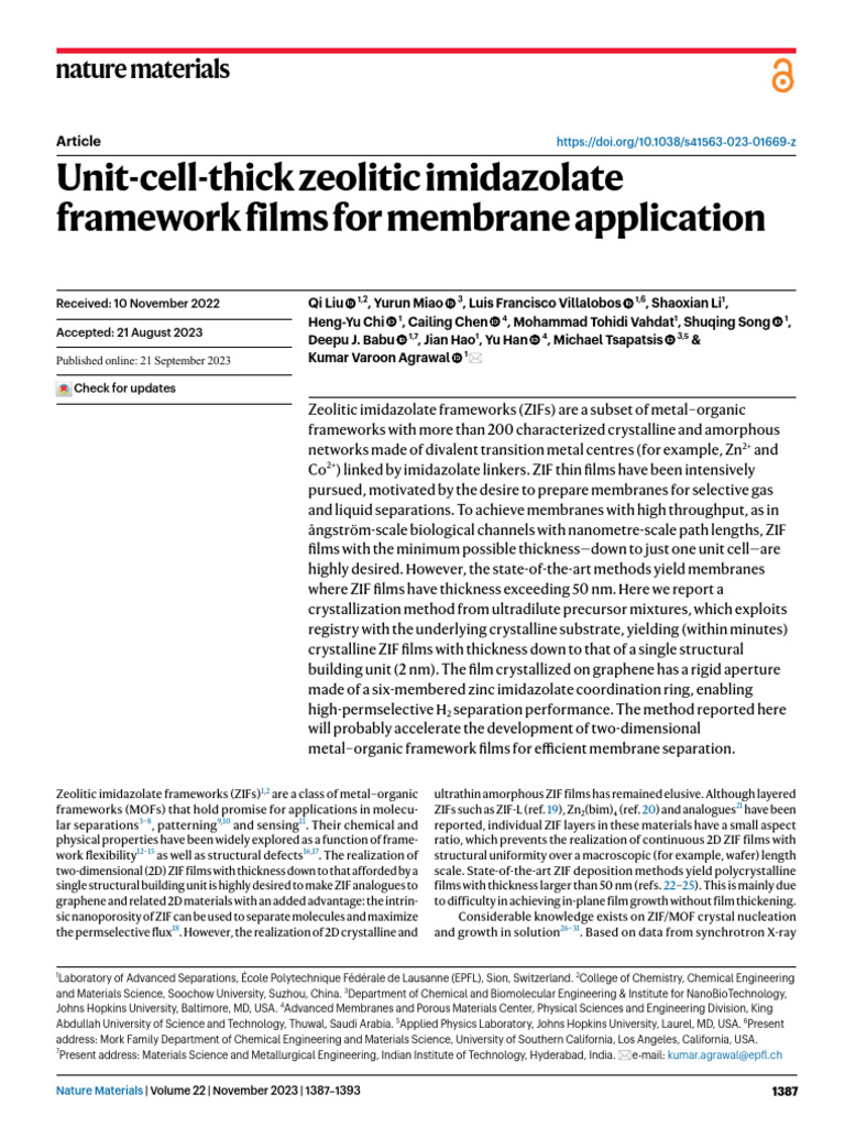 (Growth) Unit-Cell-Thick Zeolitic Imidazolate Framework Films For Membrane Application | PDF ...
