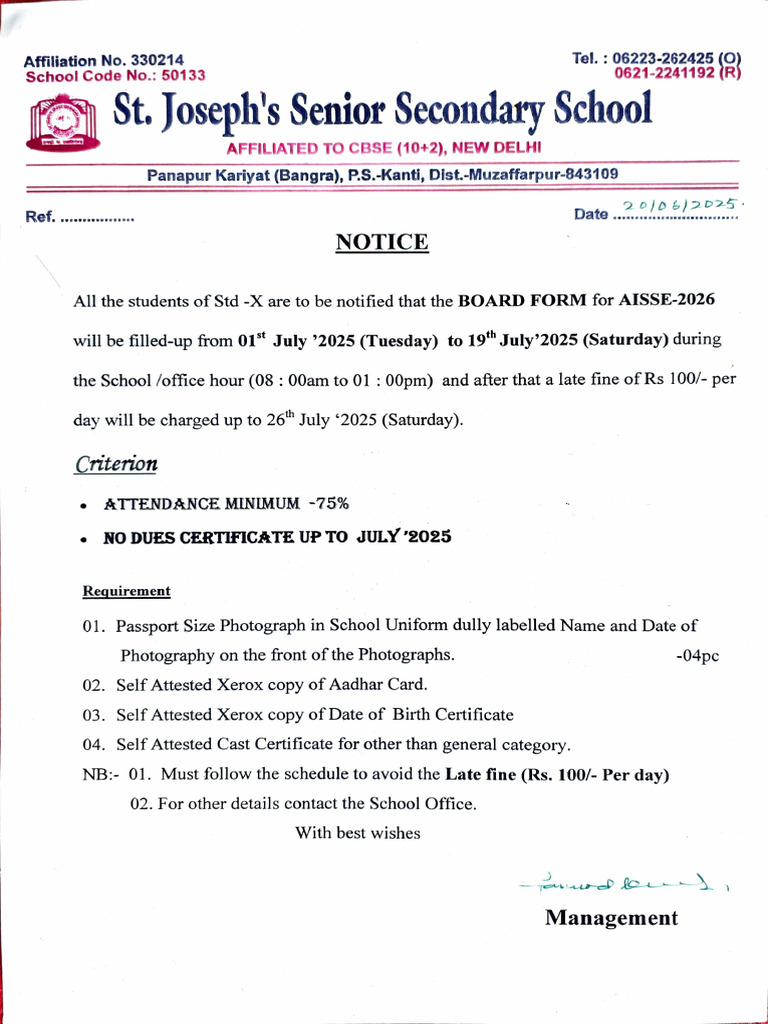 AISSE-2026 Board Form Notice for Std-X | PDF