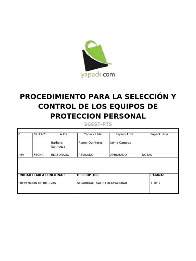 Procedimiento Uso y Seleccion Epp Yapak | PDF | Seguridad y salud ocupacional | Soldadura