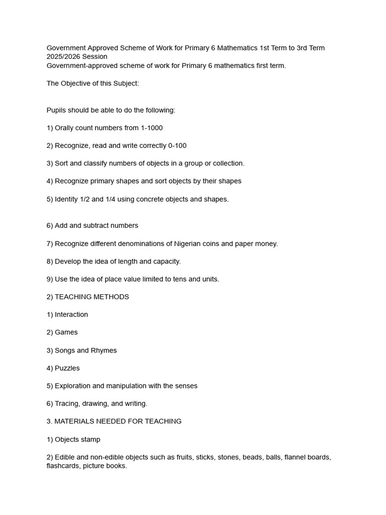 Scheme of Work For Primary 6 Mathematics 1st Term To 3rd Term 2025-2026 ...
