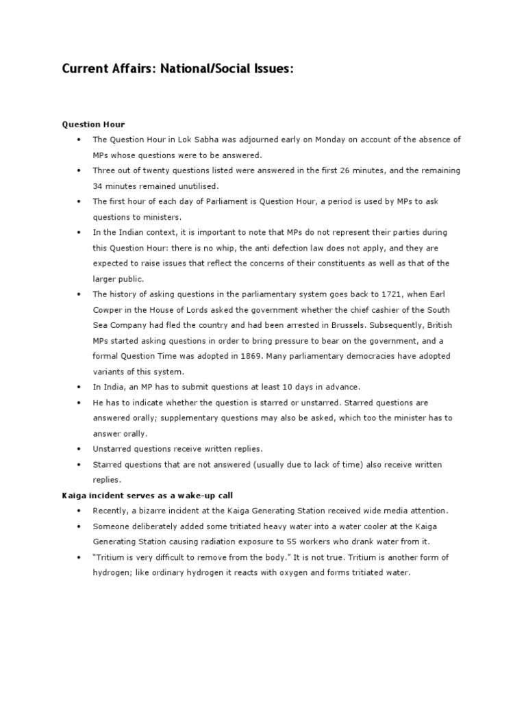 Current Affairs: National/Social Issues:: Question Hour | PDF | Nuclear ...