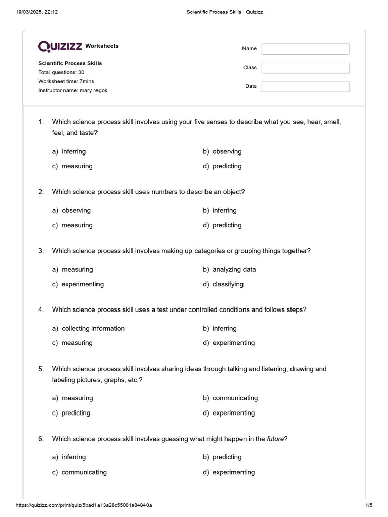 Scientific Process Skills - Quizizz | PDF | Experiment | Hypothesis