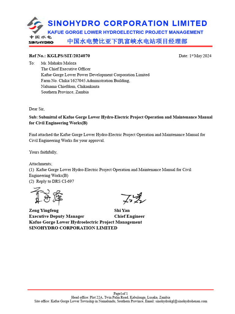 T070 - Submittal of Kafue Gorge Lower Hydro-Electric Project Operation and Maintenance Manual ...