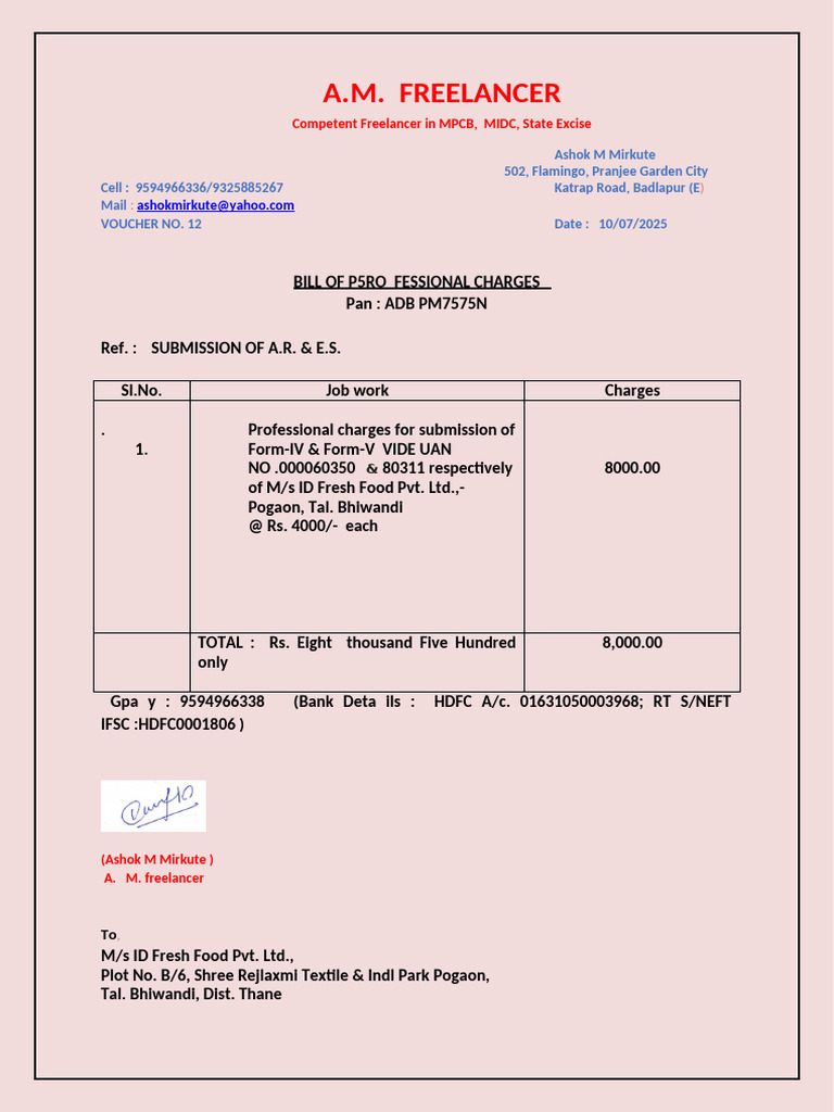 Bill of Professional Charges-ID-AR & ES-2024-25 | PDF