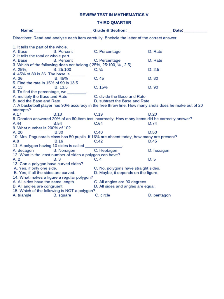 Mathematics V Review Test: Third Quarter | PDF | Triangle | Circle
