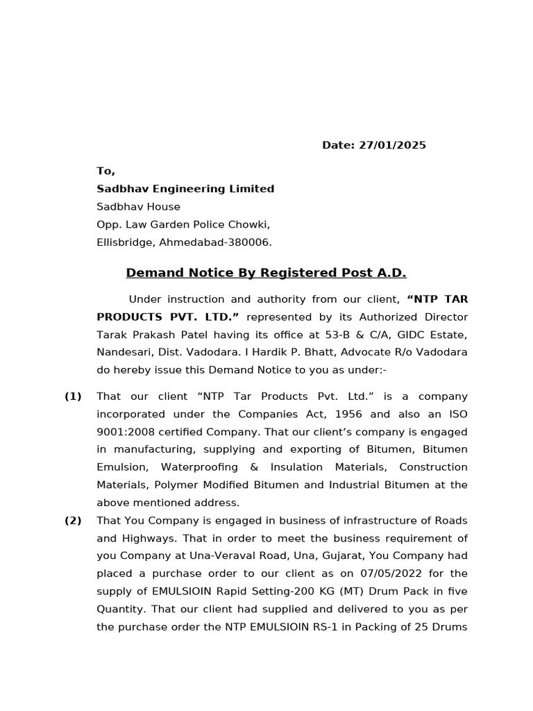 Demand Notice for Outstanding Payment | PDF