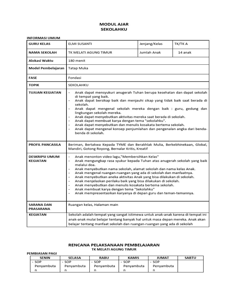 Modul Ajar Sekolahku untuk TK A | PDF
