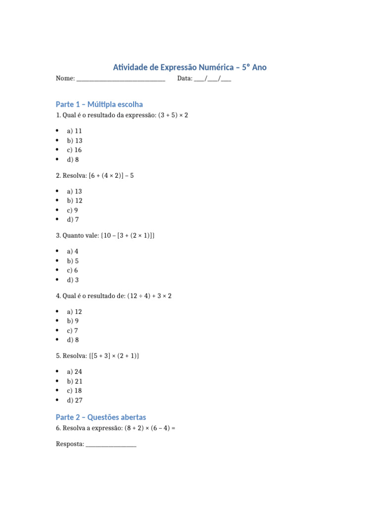 Atividade Expressoes Numericas 5ano | PDF