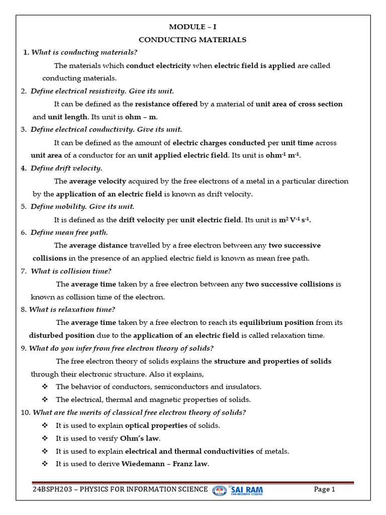 Module - 1 | PDF | Electron | Electrical Resistivity And Conductivity