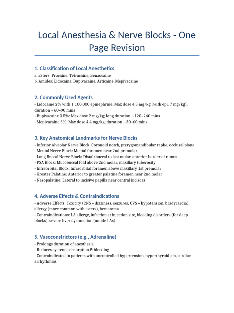 Local Anesthesia Revision Notes English | PDF