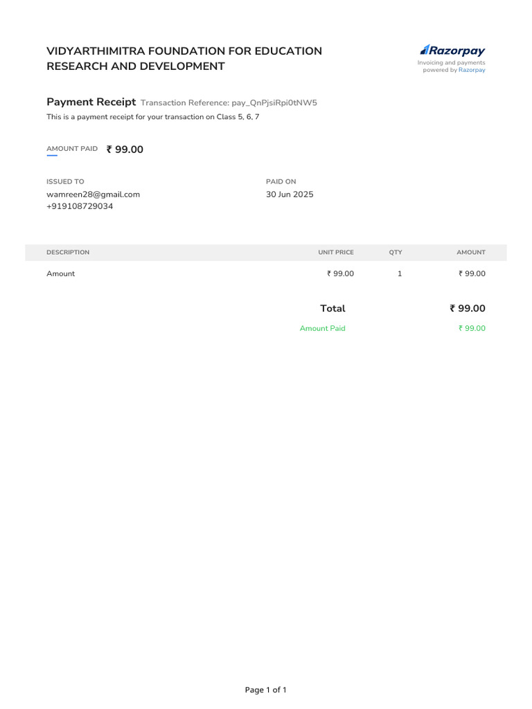 Receipt Pay - Qnpjsirpi0tnw5 From Vidyarthimitra Foundation For ...