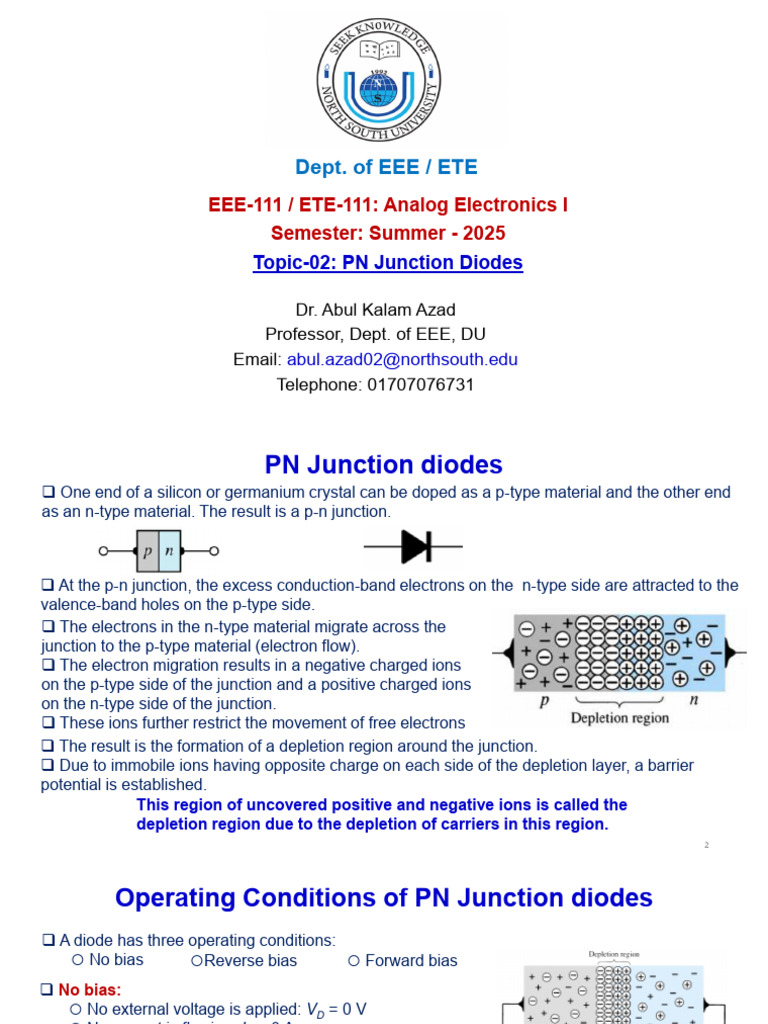 EEE111: Analog Electronics 1, Lecture 2: PN Junction Diode | PDF | P–N Junction | Diode