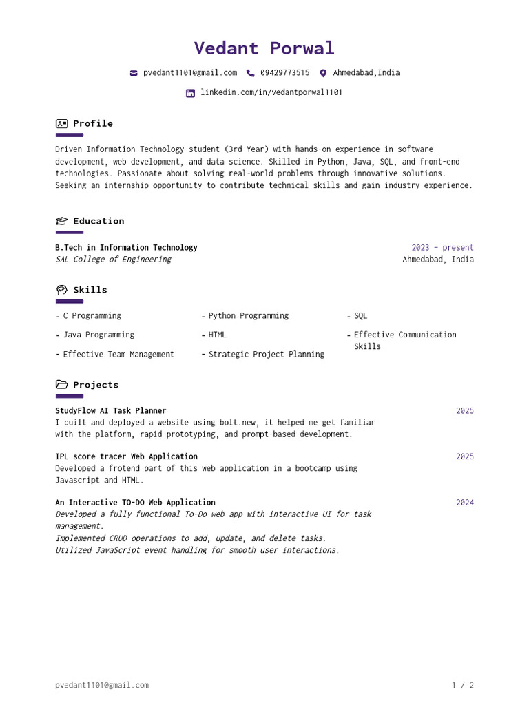 Vedant Porwal FlowCV Resume 20250705 | PDF | Java Script | Web Application
