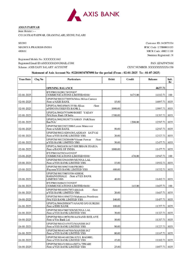 Axis Bank Statement | PDF