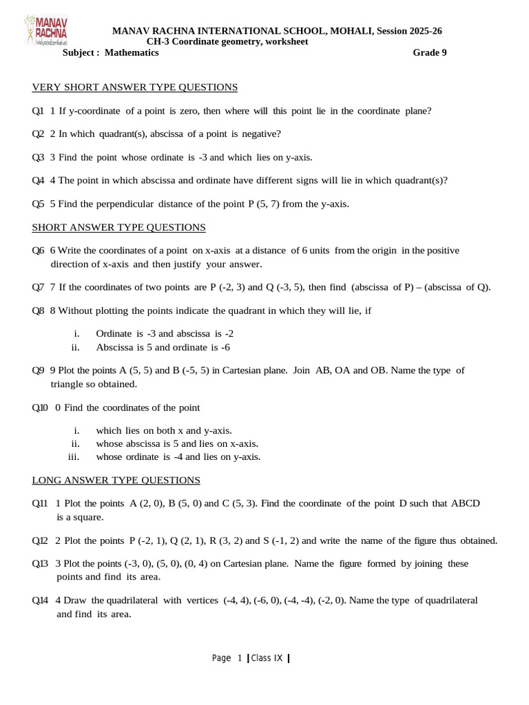 CH 3 Coordinate Geometry Practice Worksheet 4 | PDF | Cartesian ...
