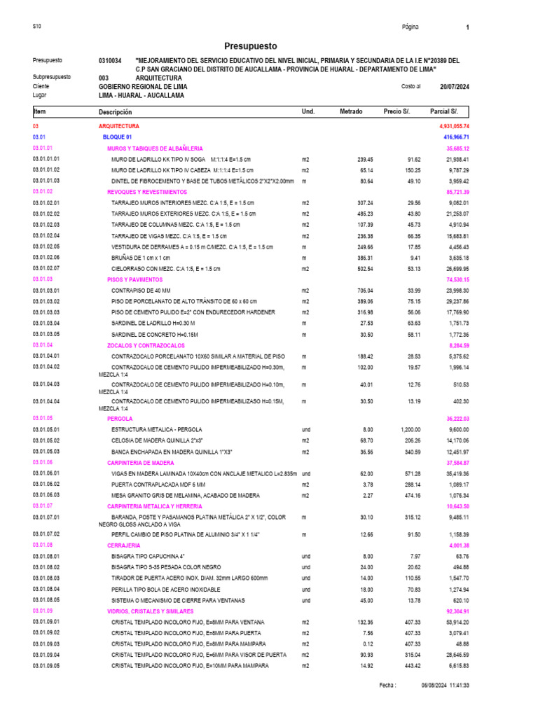 03 Ppto Arquitectura | PDF | Carpintería | Albañilería