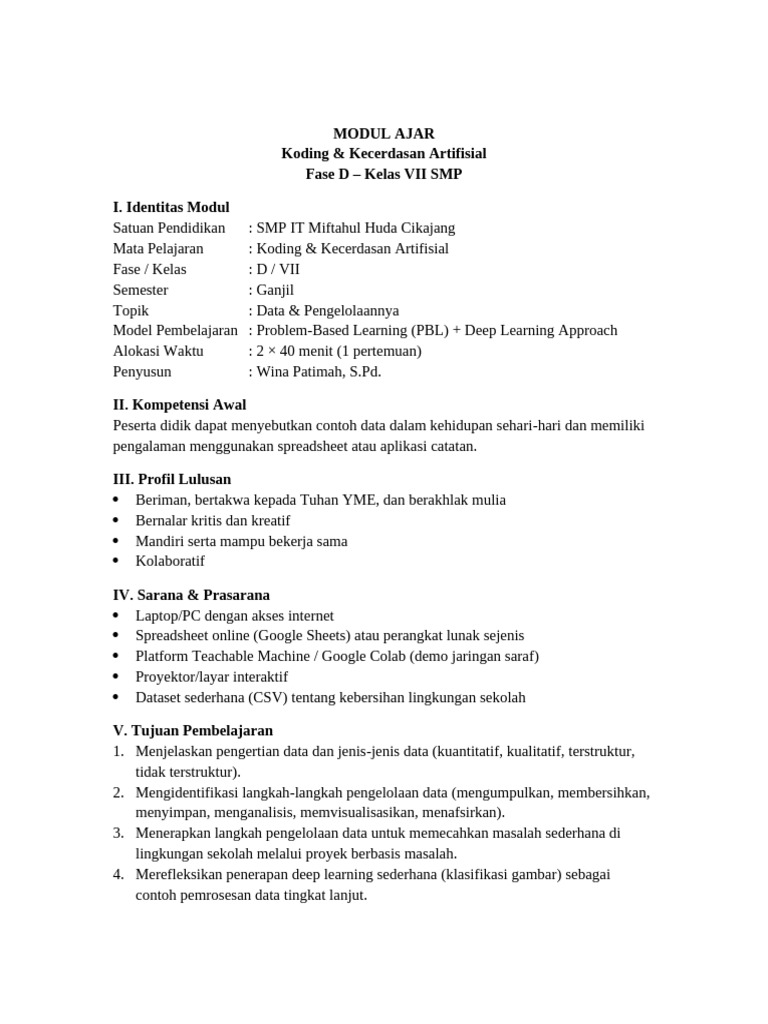 Modul Ajar Data PBL Fase D Kelas7 | PDF