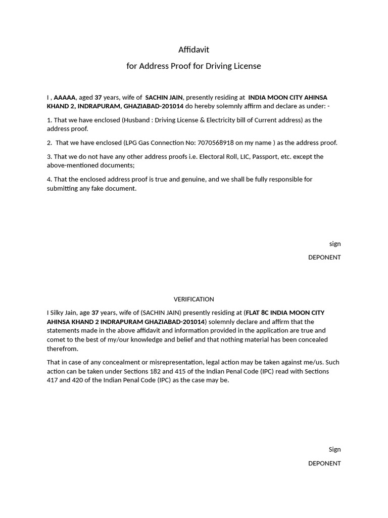Affidavit Address For Driving License | PDF
