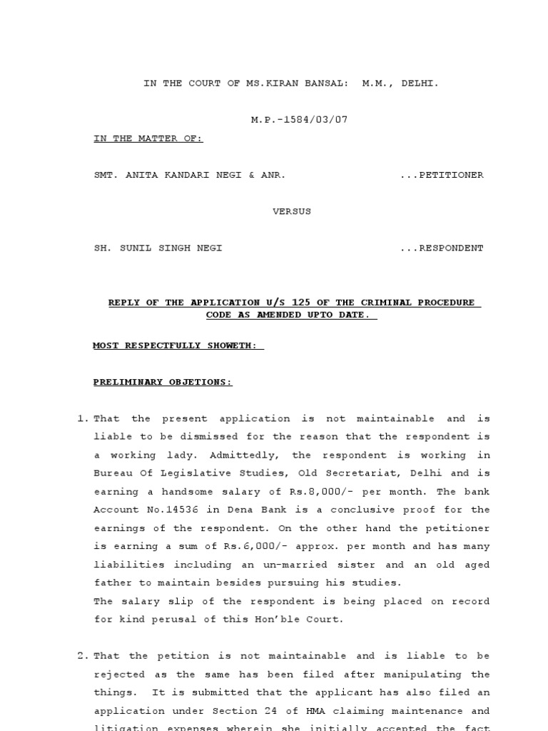 Anita Kandari Negi Vs Sunil Singh - (Reply To Petition Filed Under s.125 CRPC) | PDF | Marriage ...