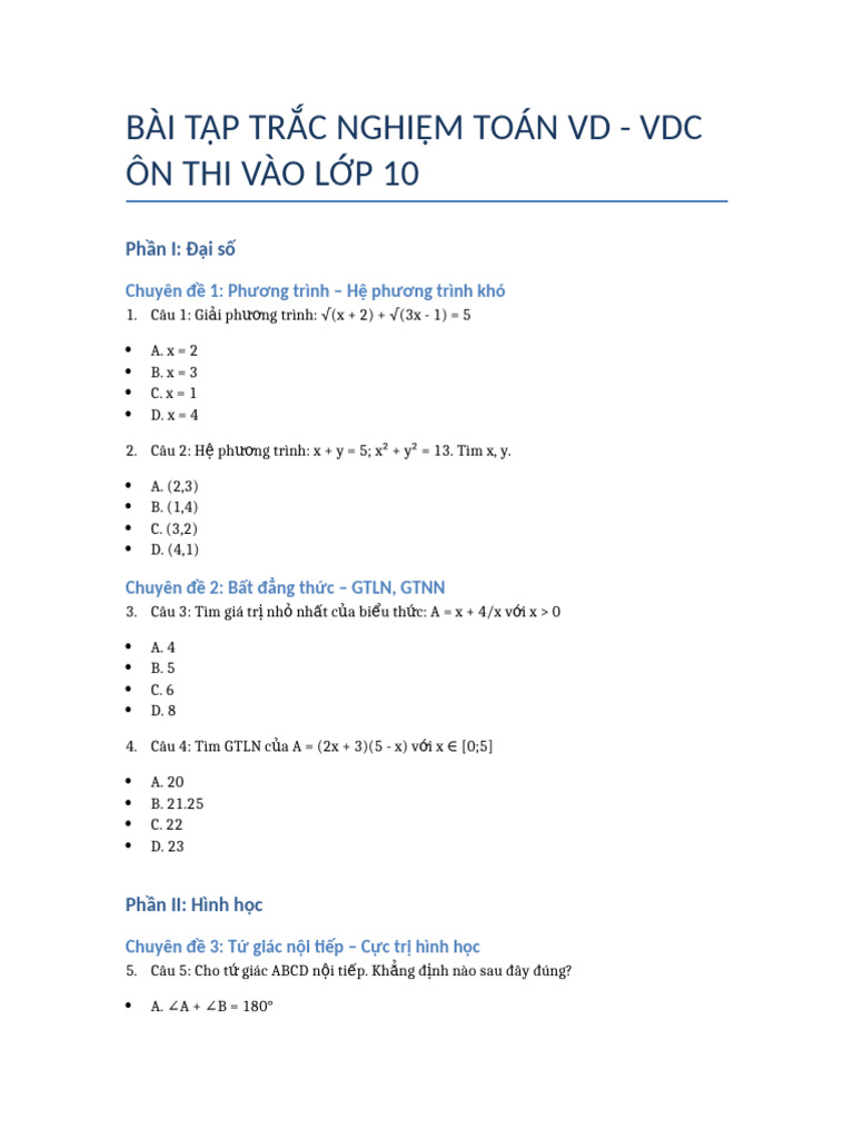 TracNghiem Toan VD VDC Lop10 | PDF