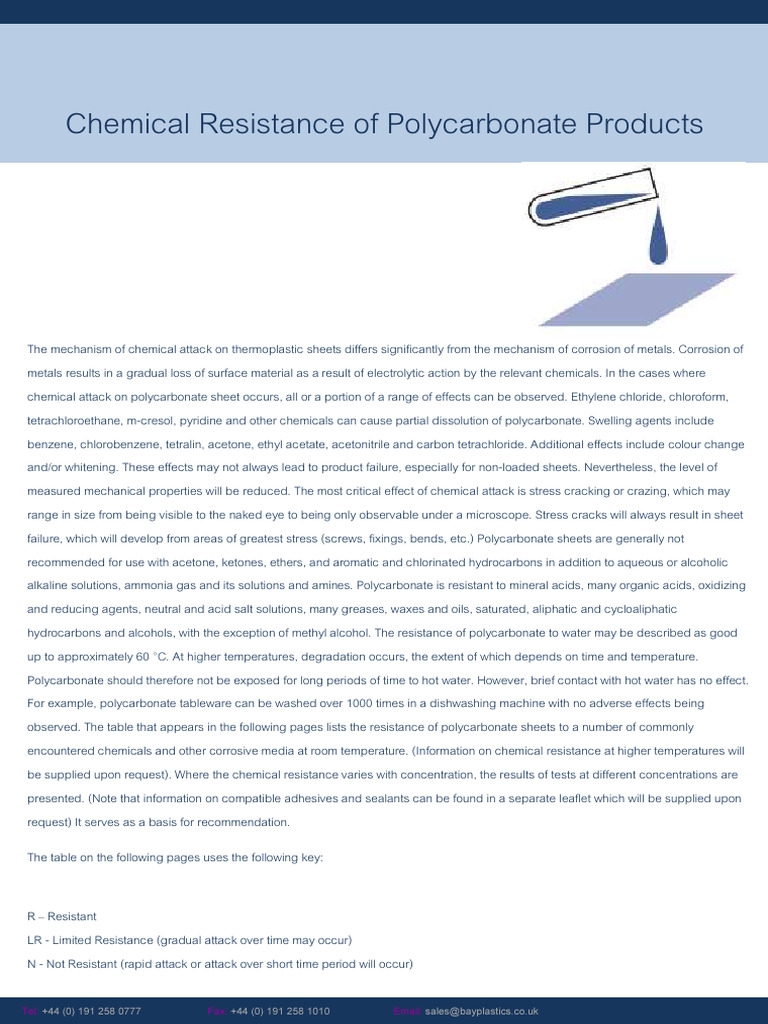 Polycarbonate Chemical Resistance Guide | PDF | Chlorine | Ethanol