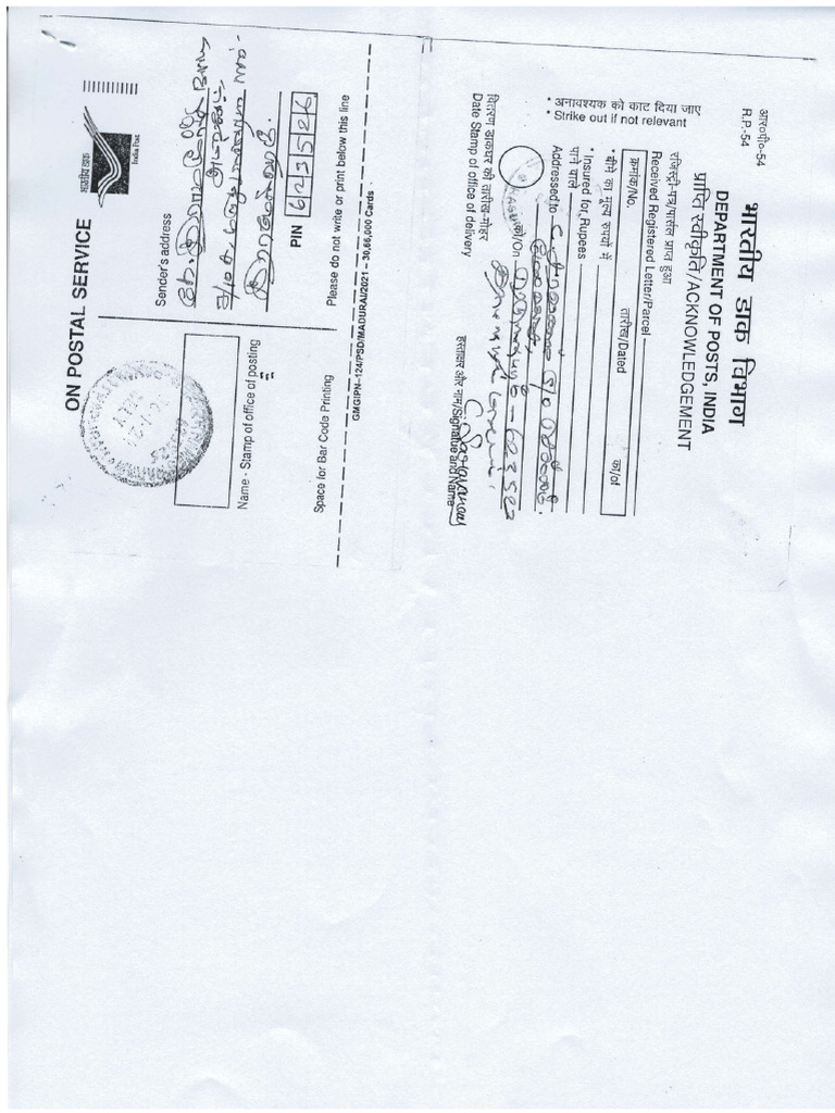 Registered Letter Receipt - India Post | PDF