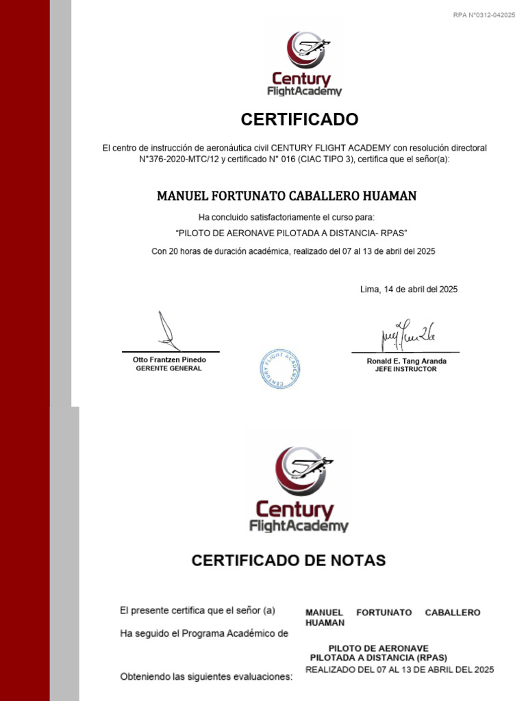 Certificado Drone - Manuel Fortunato Caballero Huaman | PDF | Vehículo aéreo no tripulado | Aviación