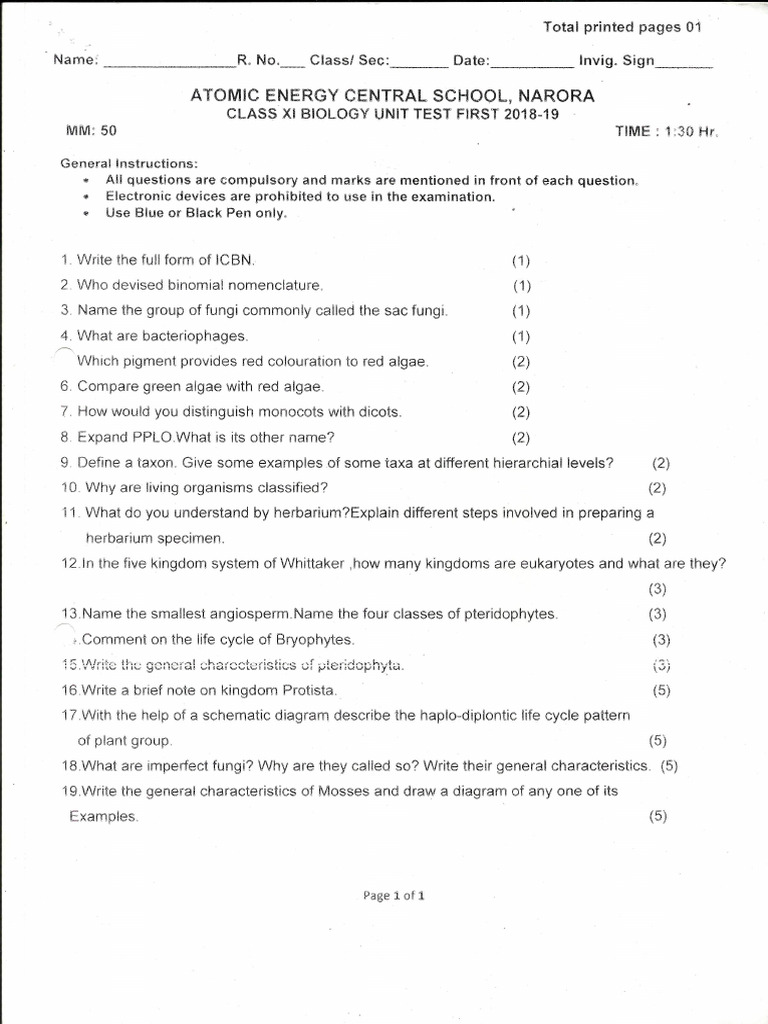 Class - Xi Biology Ut 1 | PDF