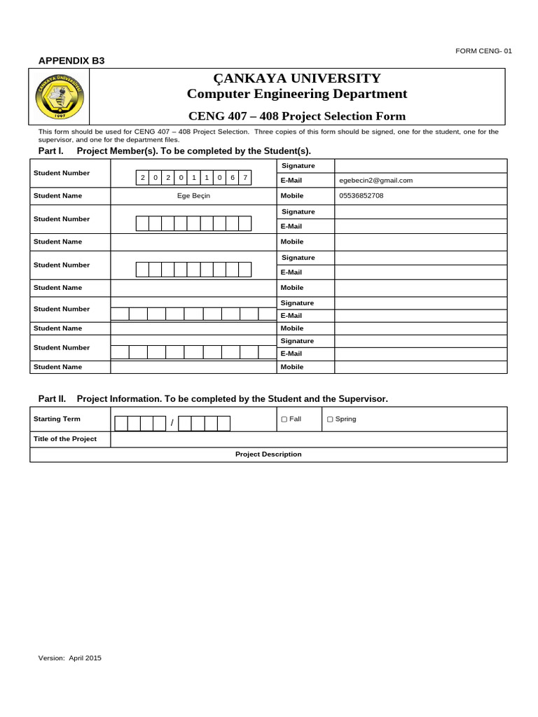 CENG 407-408 Project Selection Form | PDF