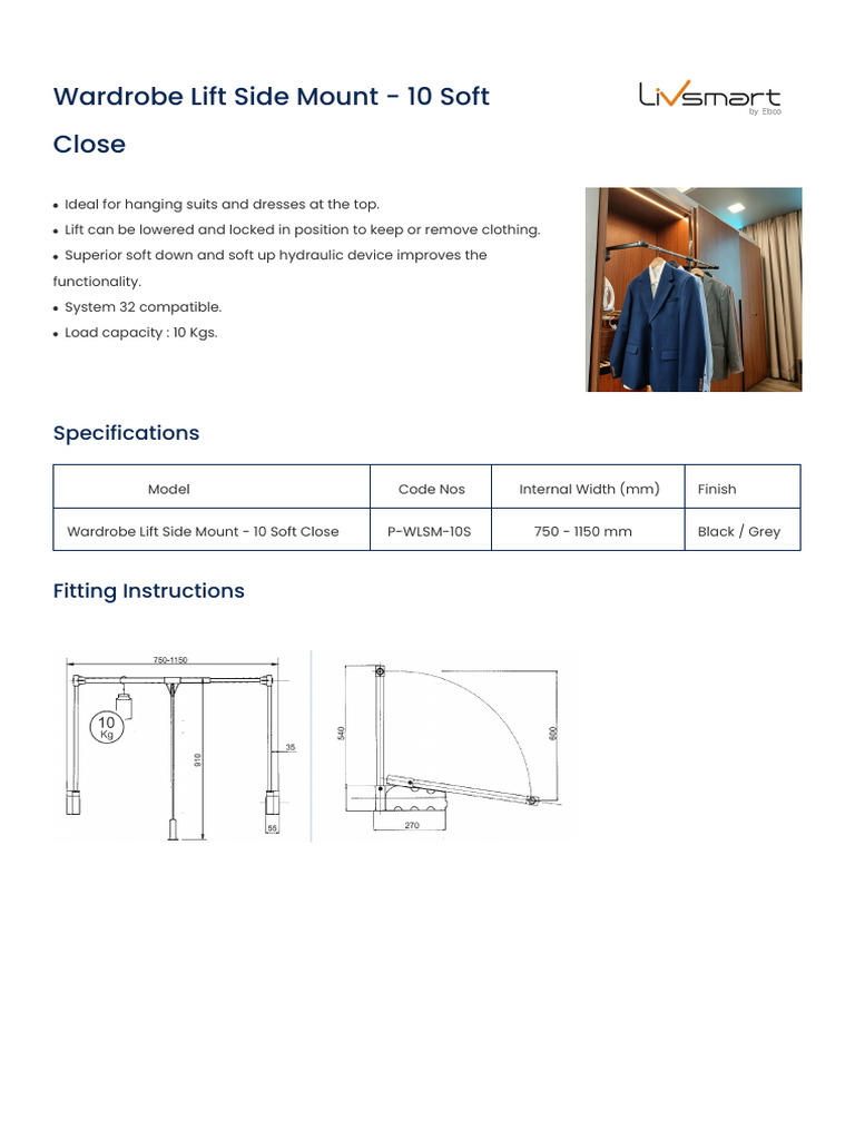 Wardrobe Lift Side Mount - 10 Soft Close | PDF