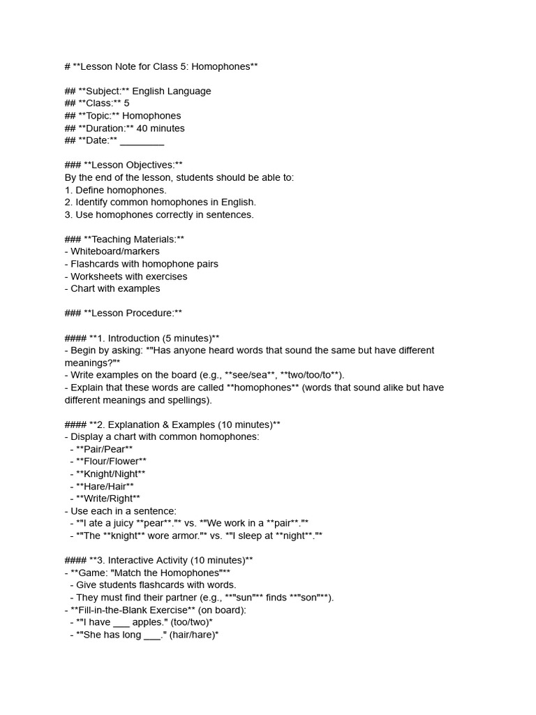 Lesson Note For Class 5 - Homophones | PDF