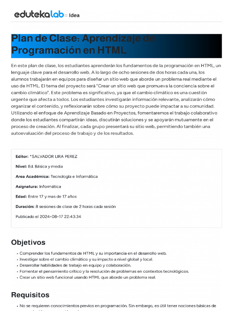 Plan de Clase_ Aprendizaje de Programación en HTML | PDF