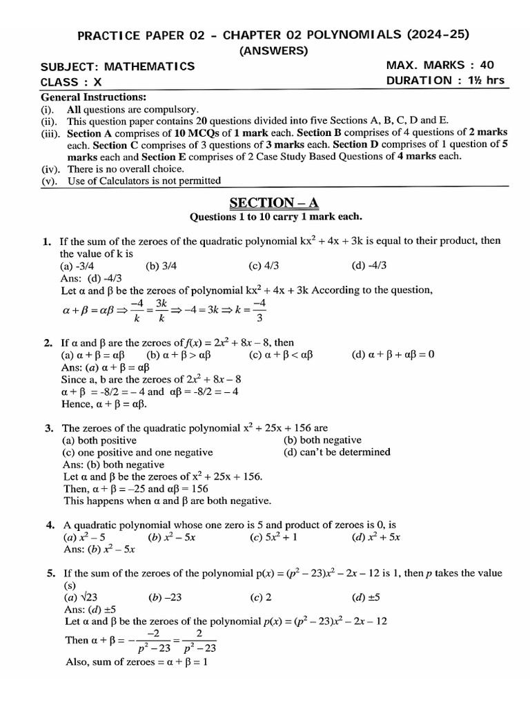 Maths Class X Chapter 02 Polynomials Practice Paper 02 2024 Answers | PDF