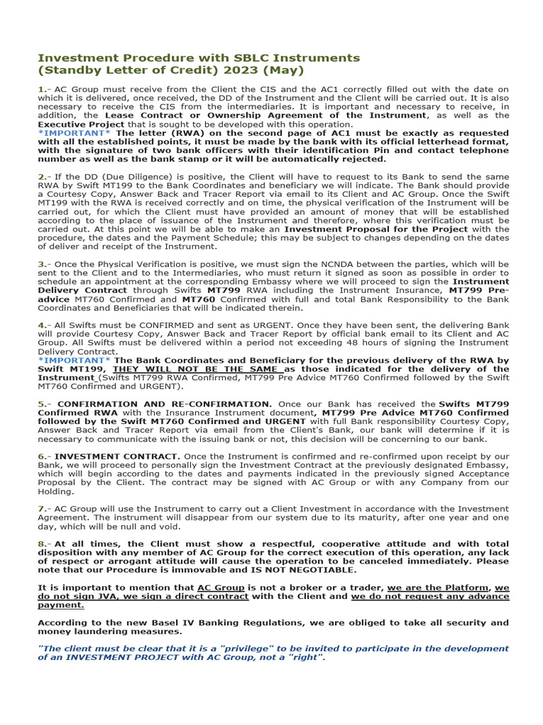 Instruments Procedure SBLC AC1 2023b (English-Spanish) | PDF | Letter Of Credit | Banking Technology