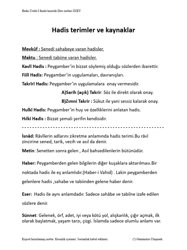 Hadi̇s Usülü Sinav Notlari | PDF