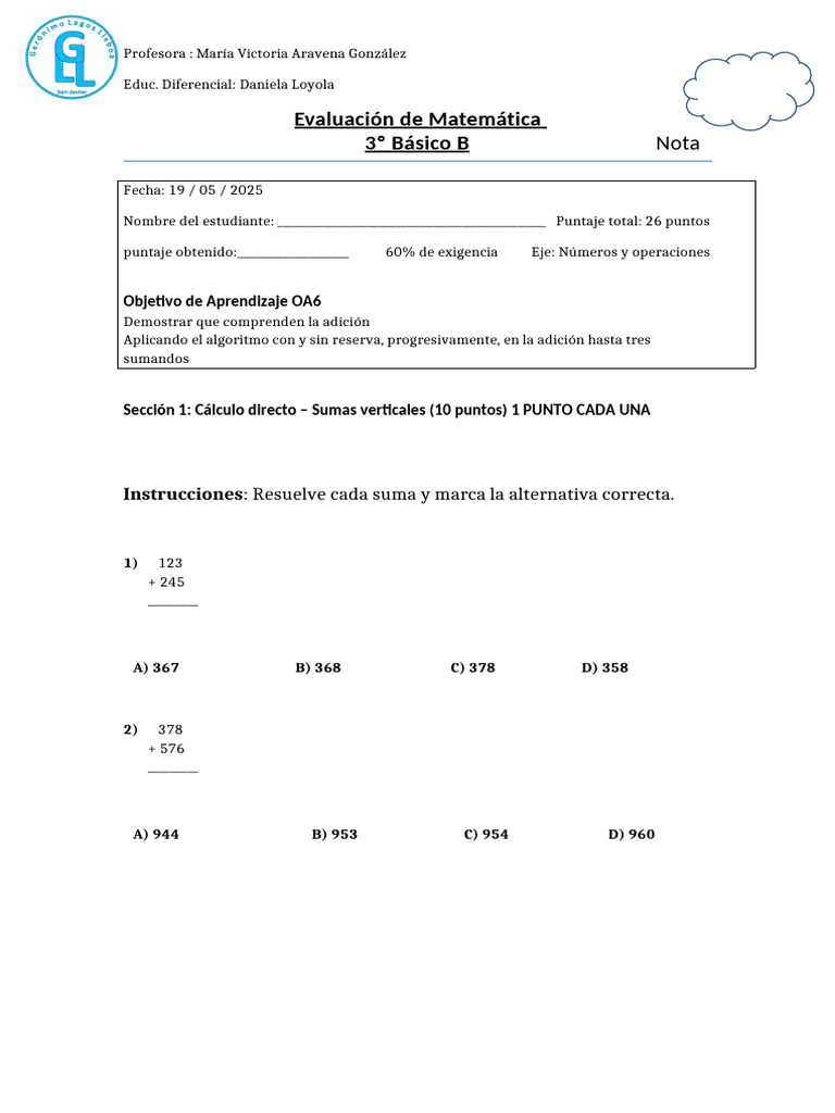 EvaluaciÓn Matematica Tercero Basico | PDF