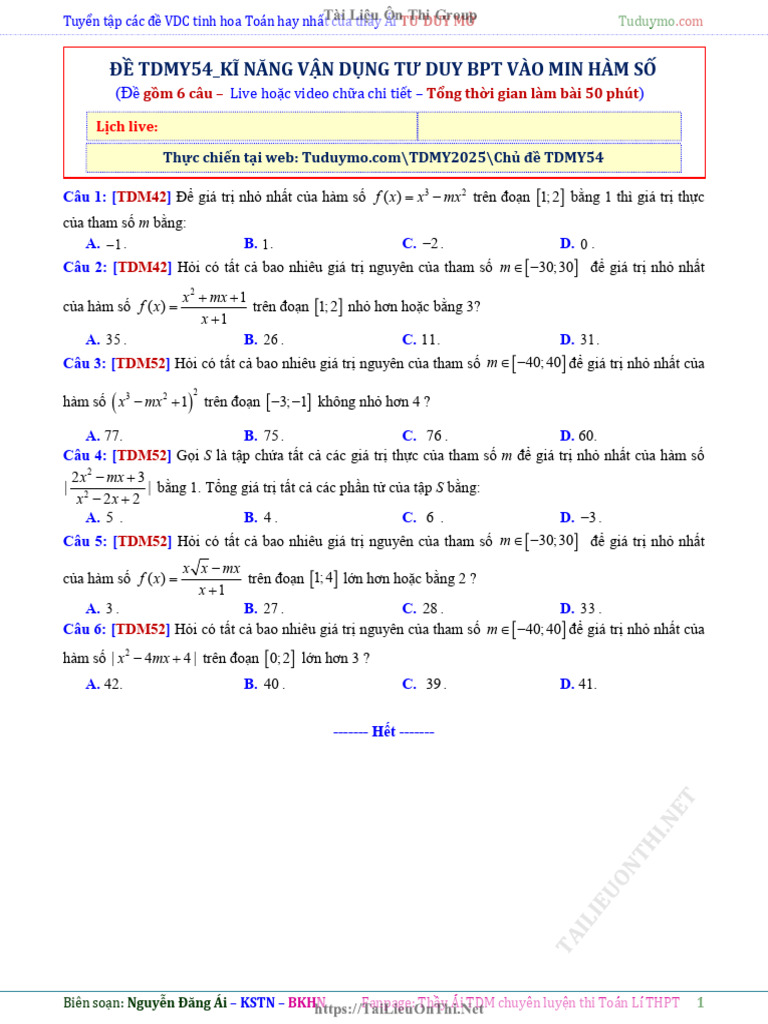 De Tdmy54 DTL Ki Nang Van Dung Tu Duy BPT Vao Min Ham So Tdmy PDF | PDF