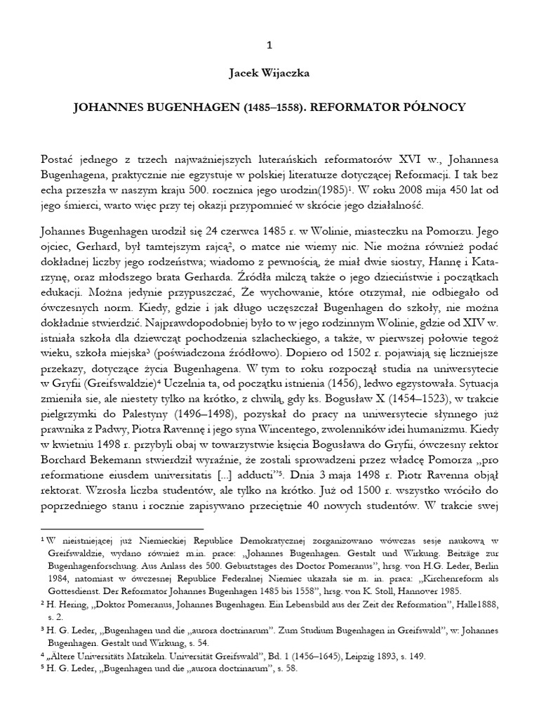 Jacek Wijaczka - JOHANNES BUGENHAGEN (1485-1558) - REFORMATOR PÓŁNOCY | PDF