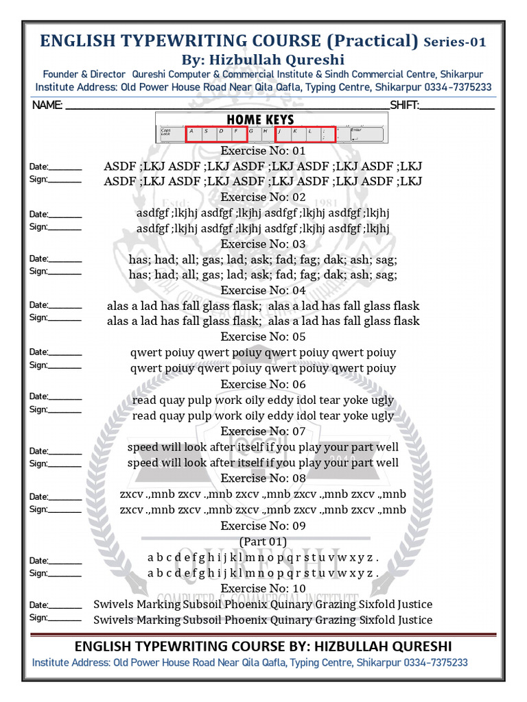 English Typewriting Course Exercises | PDF