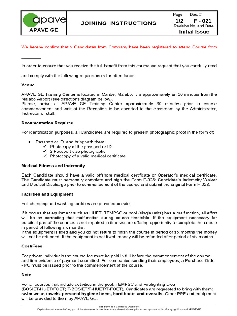 F-021 Joining Instructions | PDF