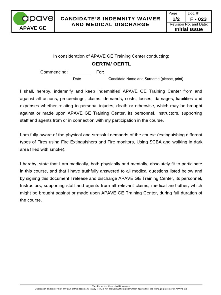 F-023 Candidate's Indemnity Waiver and Medical Discharge | PDF ...